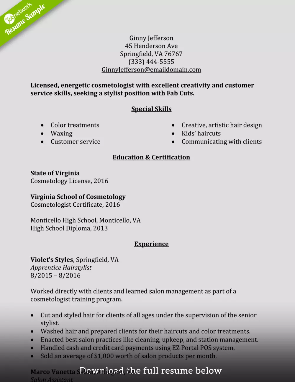 Cosmetology Resume Sample